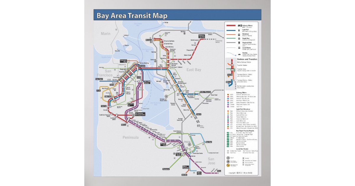 Bay Area Transit Map with Detailed Legend Poster | Zazzle