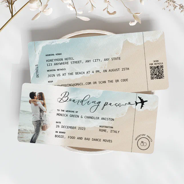 Beach Boarding Pass Destination Wedding QR code Invitation | Zazzle