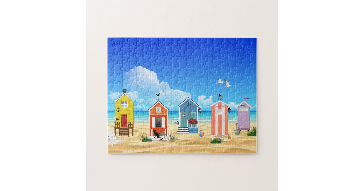 Beach huts in a colourful line up on the beach jigsaw puzzle | Zazzle