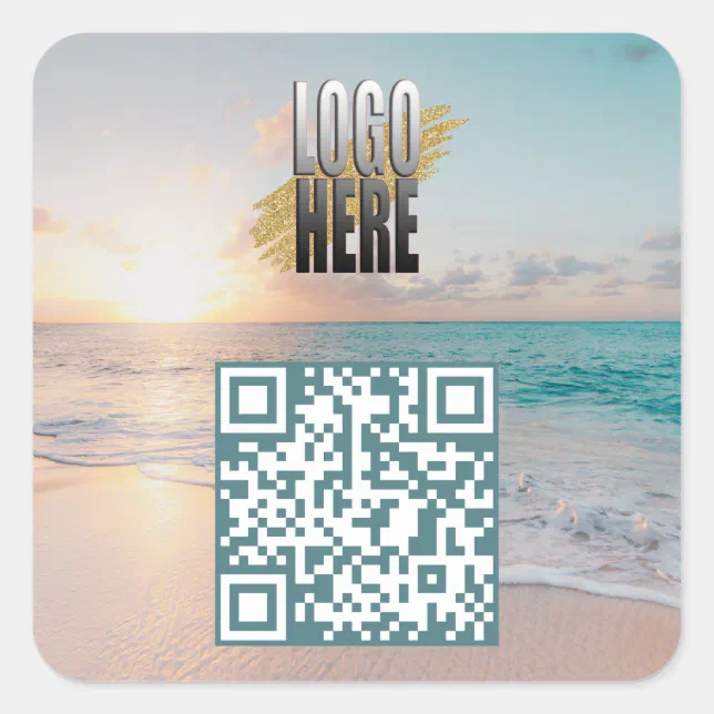 Beach Photo QR Code With Business Logo Square Sticker | Zazzle