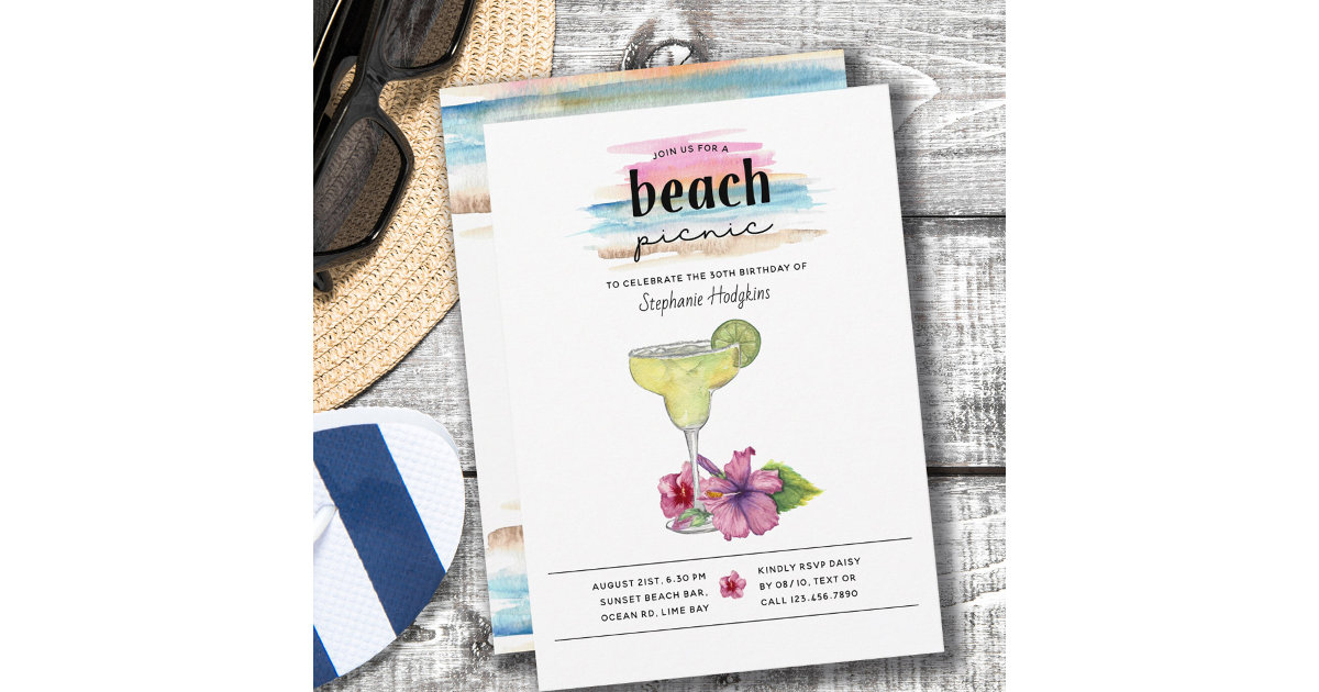 Beach Picnic Sundowner Margarita Hibiscus Birthday Invitation | Zazzle