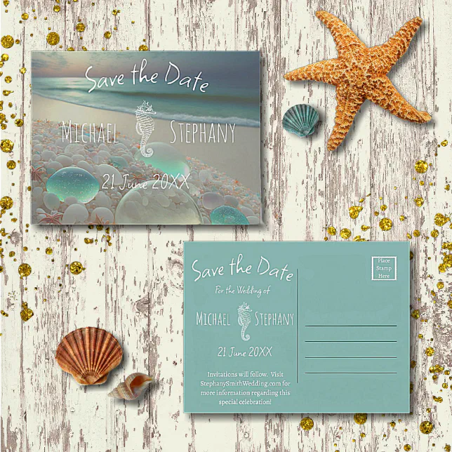 Beach Sea Glass Seahorse Save the Date Invitation Postcard | Zazzle
