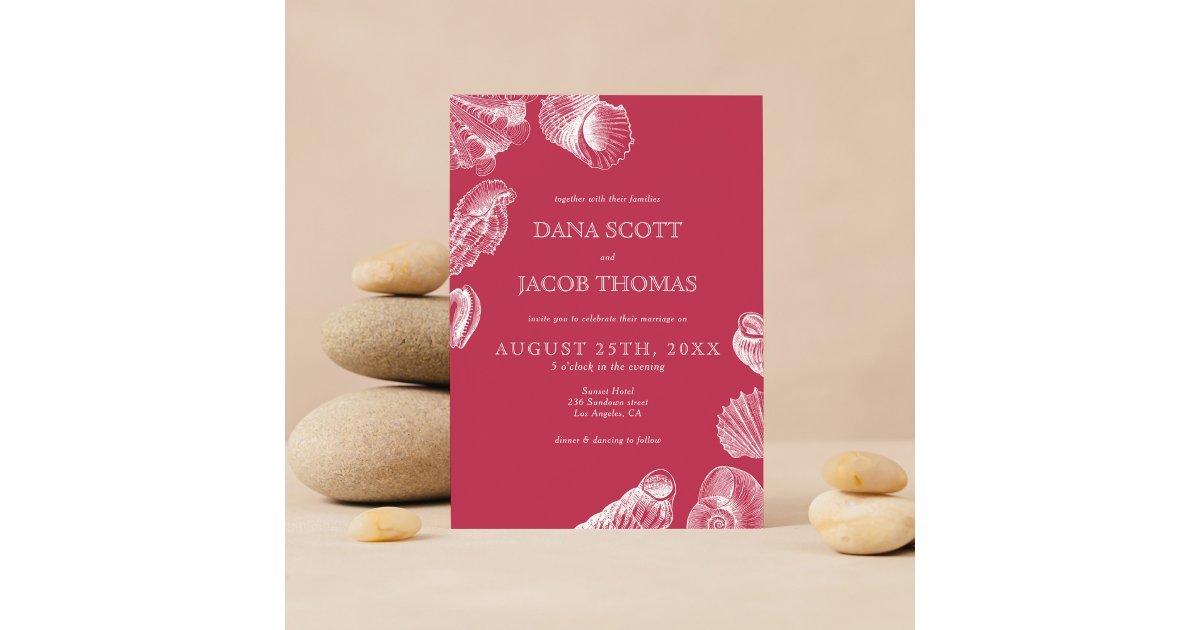 Beach Sea Shell Viva Magenta Summer Wedding Invitation | Zazzle