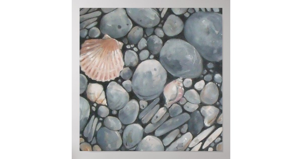 Beach Stones Shells Pebbles Rocks Painting Art Poster | Zazzle