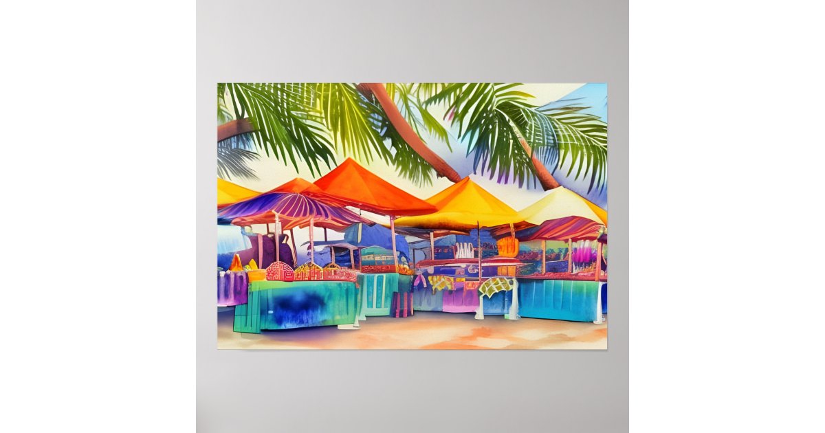 Beachfront Market Stalls Watercolor Poster | Zazzle
