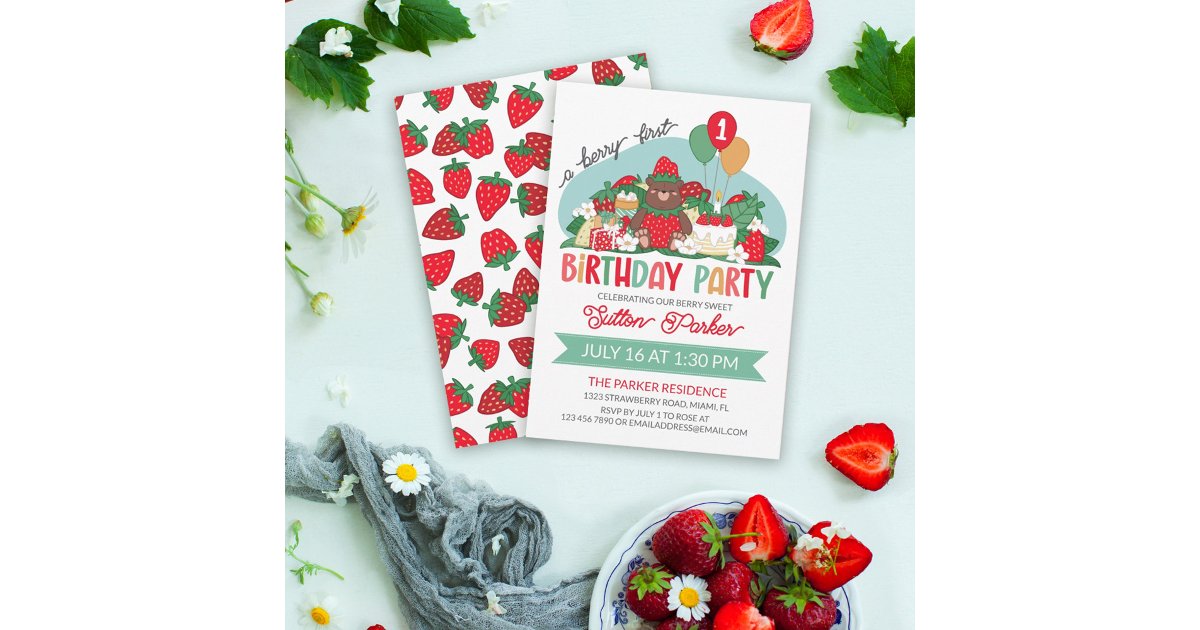 Bear Cub Red Strawberry Berry 1st Birthday Party Invitation | Zazzle