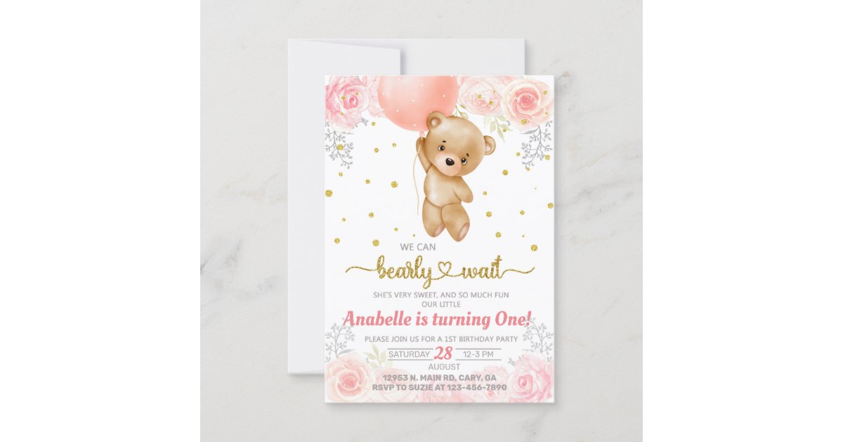 Beary cute girl first 1st birthday invitation. invitation | Zazzle