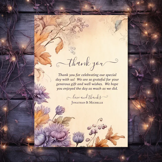 Beautiful Autumn Leaf, Flower Vintage Fall Wedding Thank You Card | Zazzle