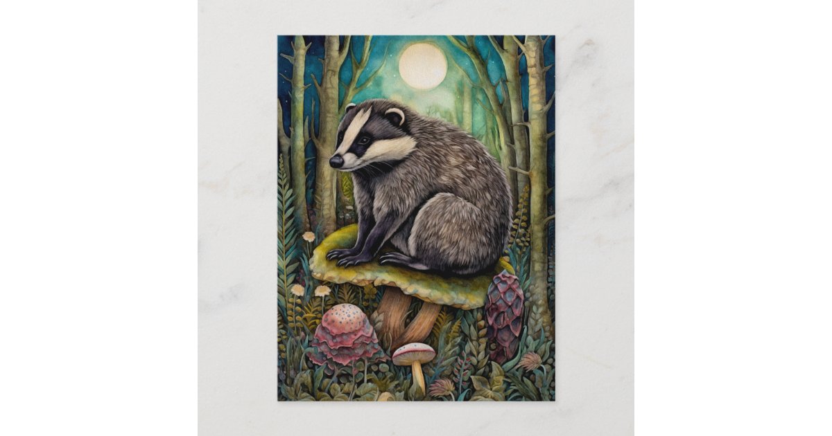 Beautiful Badger In The Forest Art Postcard | Zazzle