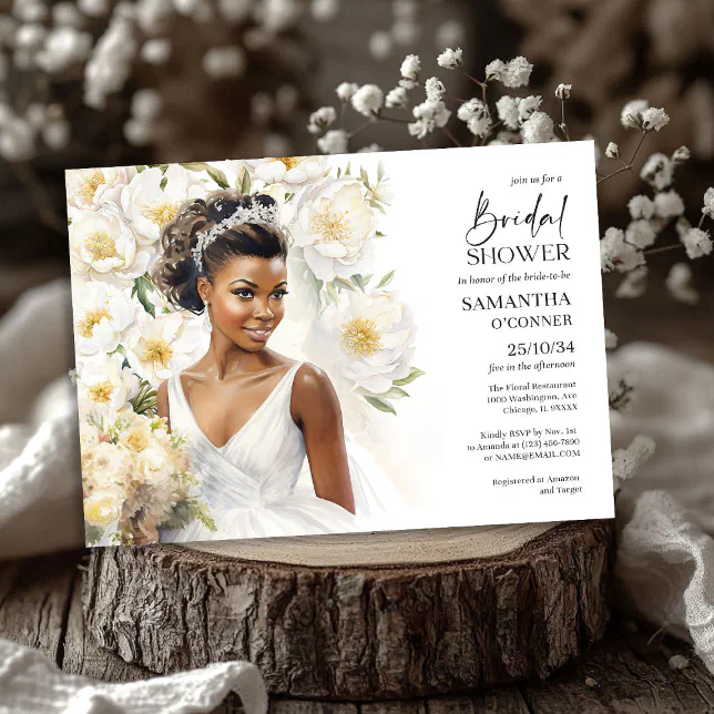 Beautiful black skin bride with wedding gown boho invitation | Zazzle
