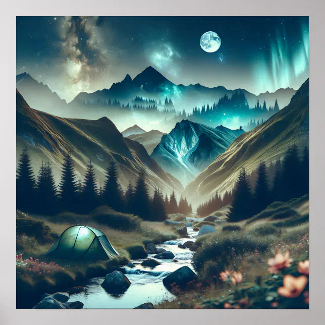 Beautiful Camping Scene with Mountains and Tent Poster | Zazzle