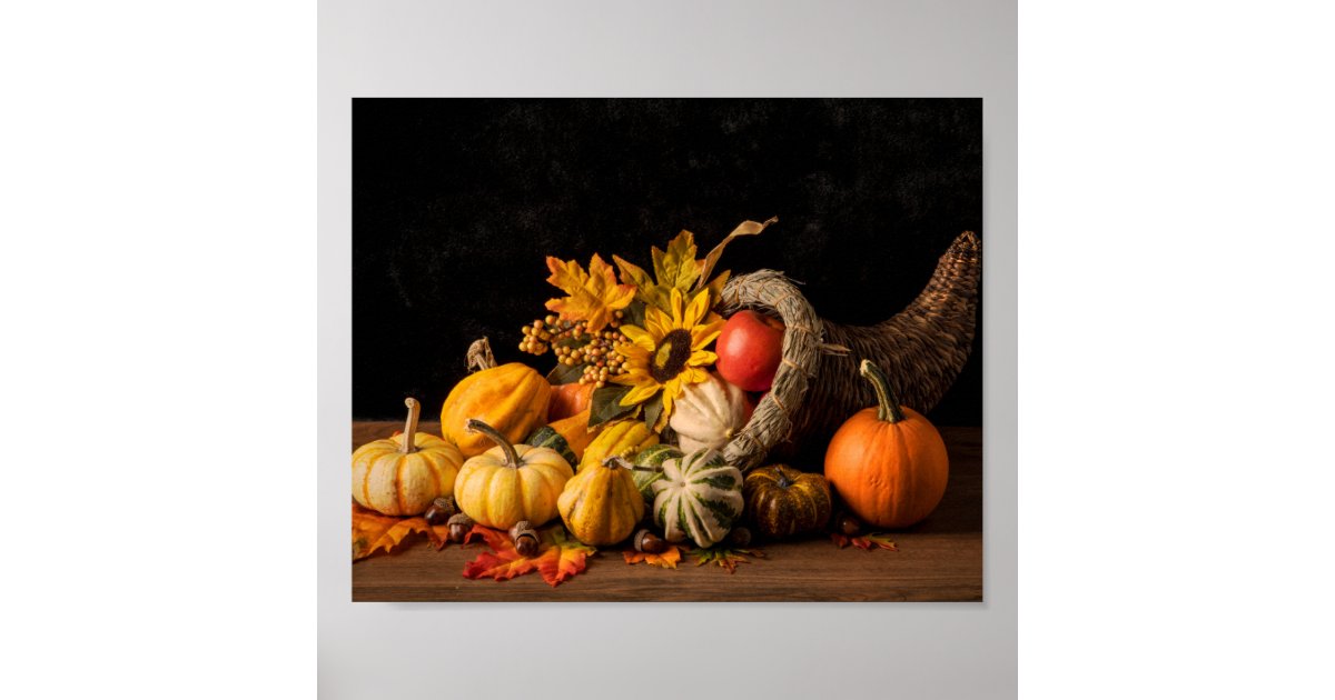 Beautiful Cornucopia Filled With Autumn Gourds Poster | Zazzle