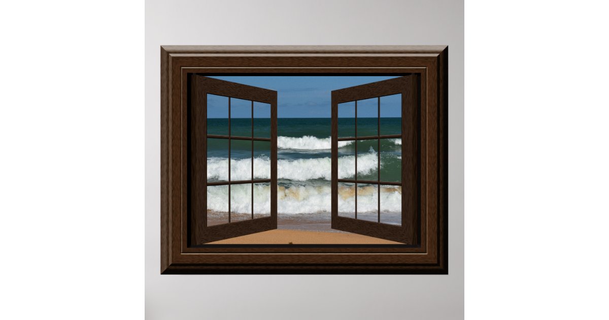 Beautiful Fake Window View Ocean Beach Waves Poster | Zazzle