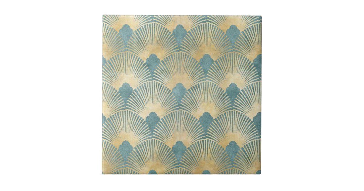 Beautiful fan pattern,teal gold,Art Deco pattern,c Tile | Zazzle