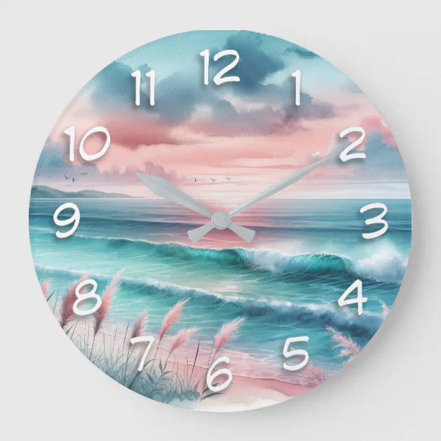 Beautiful Ocean Scene in Pink and Blue Large Clock | Zazzle