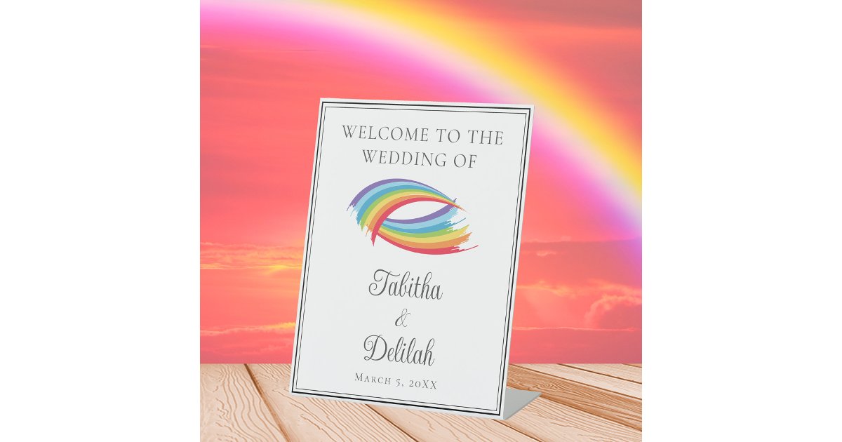 Beautiful Rainbow Waves Custom Wedding Welcome Pedestal Sign | Zazzle