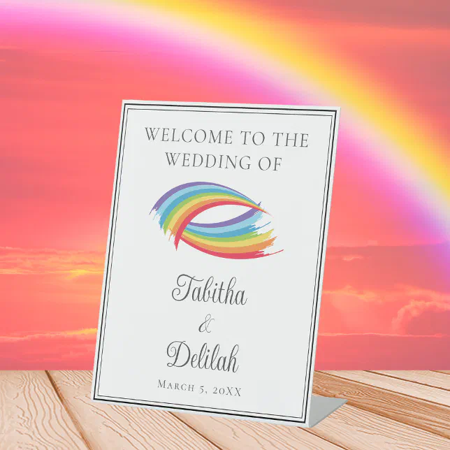 Beautiful Rainbow Waves Custom Wedding Welcome Pedestal Sign | Zazzle