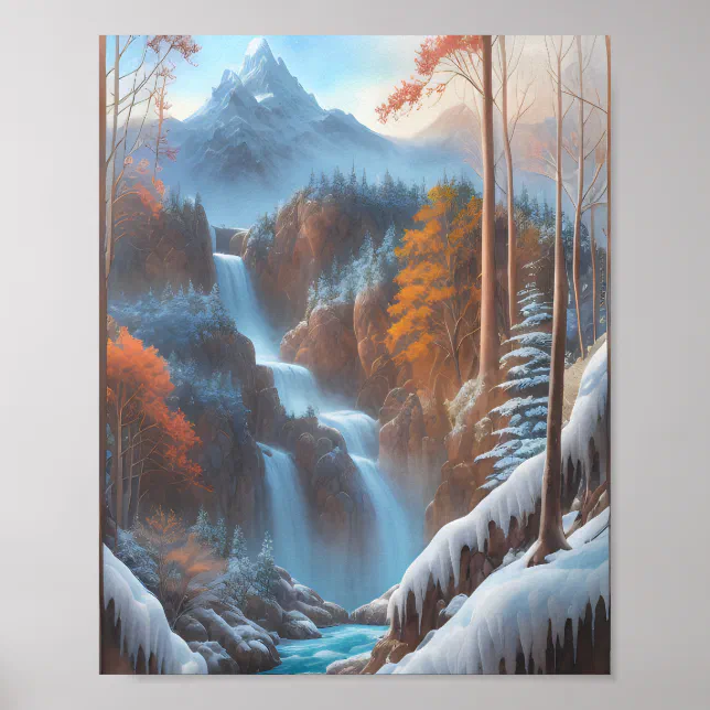 Beautiful Waterfall in a Snowy Forest Poster | Zazzle