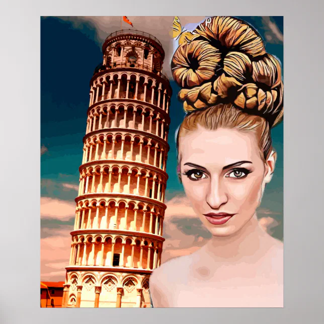 Beautiful woman leaning tower of pisa abstract art poster | Zazzle