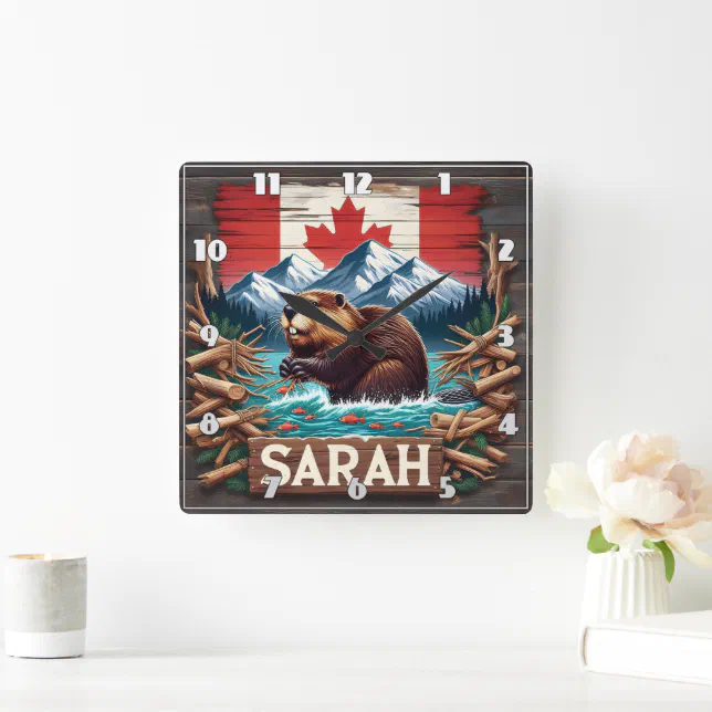 Beaver, Mountain, Flag, Blue Ocean Square Wall Clock | Zazzle