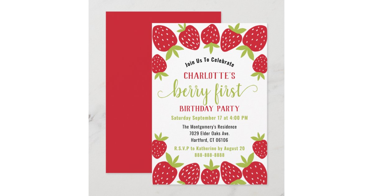 Berry First Strawberry 1st Birthday Party Custom Invitation | Zazzle