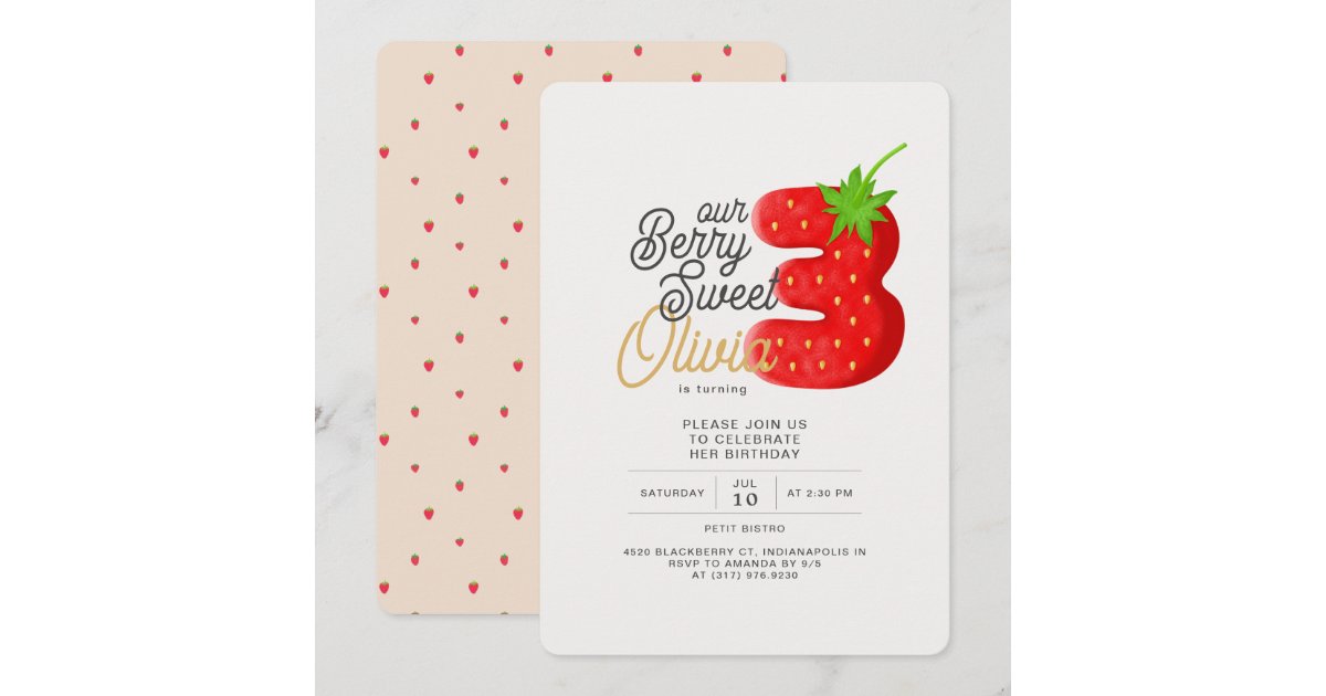 Berry Sweet Strawberry 3rd Birthday Invitation | Zazzle