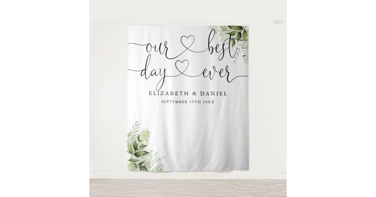 Best Day Script Greenery Wedding Photo Backdrop Tapestry | Zazzle