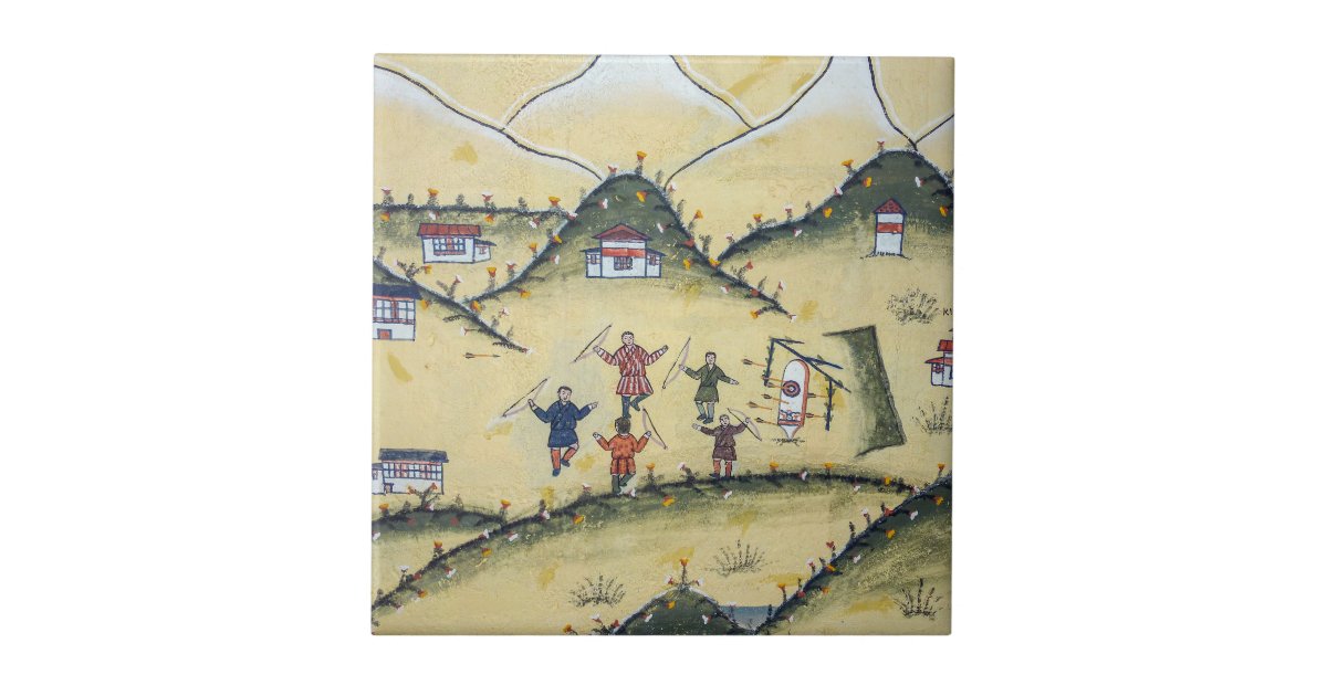 Bhutanese house with archery paintings - Bhutan Tile | Zazzle