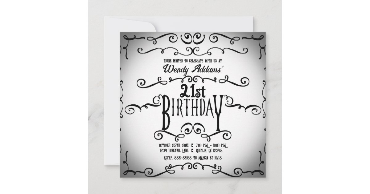 Biack and White Vintage Ornamental Gothic Birthday Invitation | Zazzle