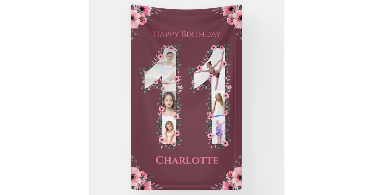 Big 11th Birthday Girl Photo Collage Pink Flower Banner | Zazzle