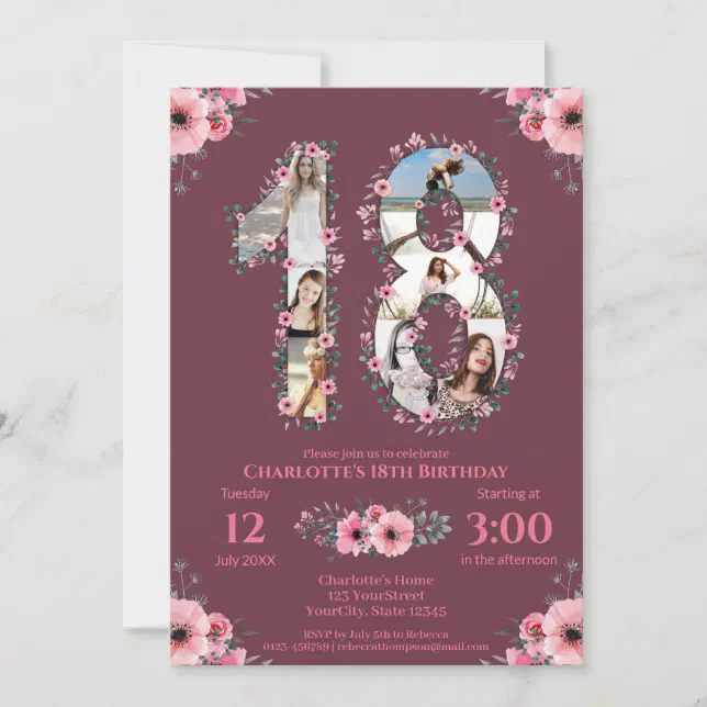 Big 18th Birthday Girl Photo Collage Pink Flower Invitation | Zazzle