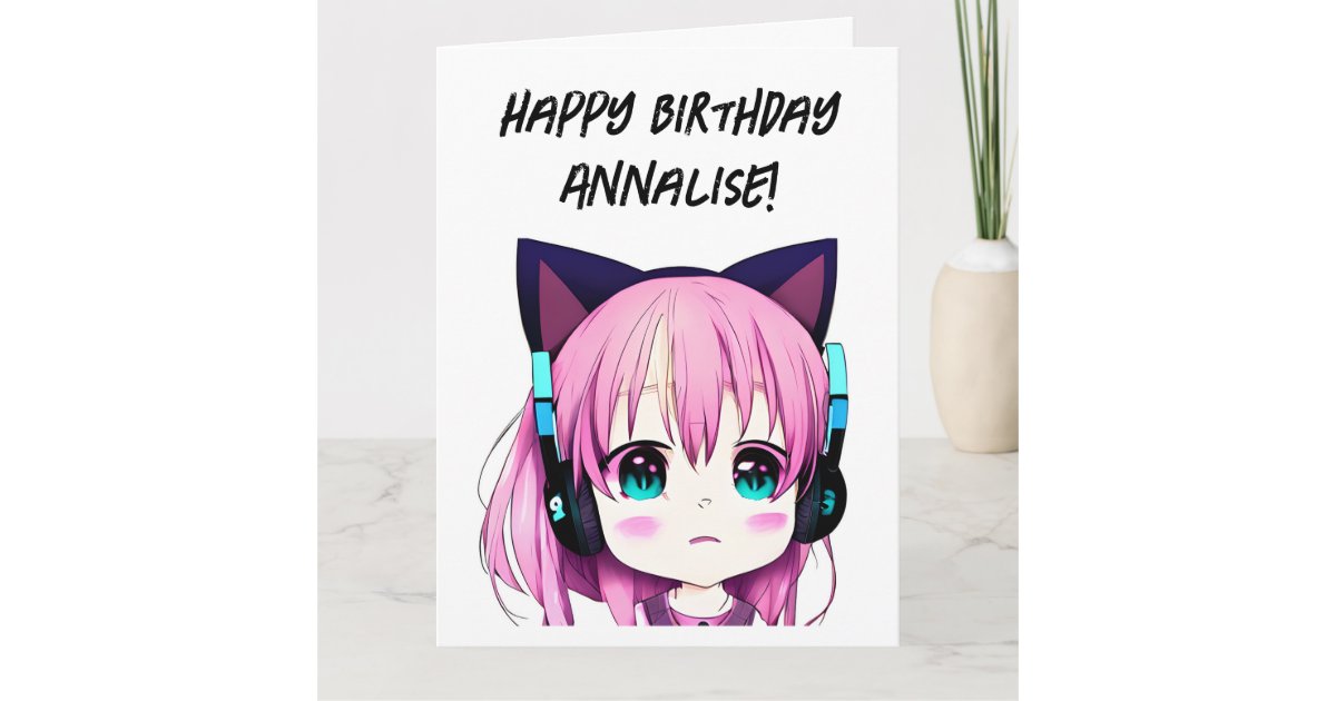 Big Anime Girl with Headphones Cat Ears Birthday Card | Zazzle