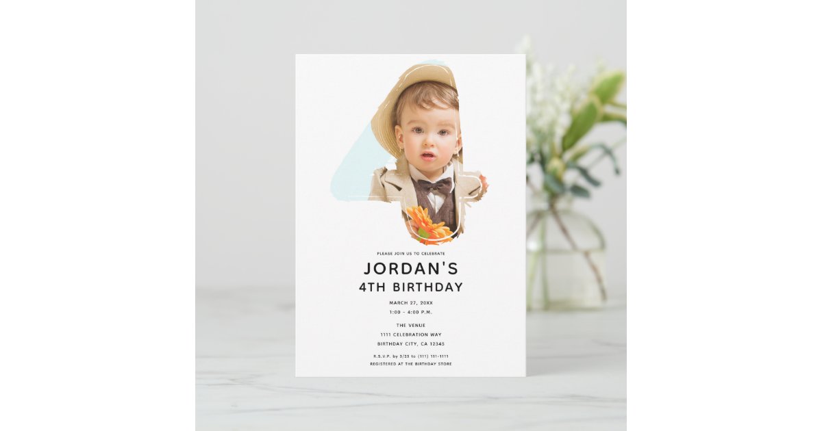 Big Number 4 FOUR Photo Fourth 4th Birthday Party Invitation | Zazzle