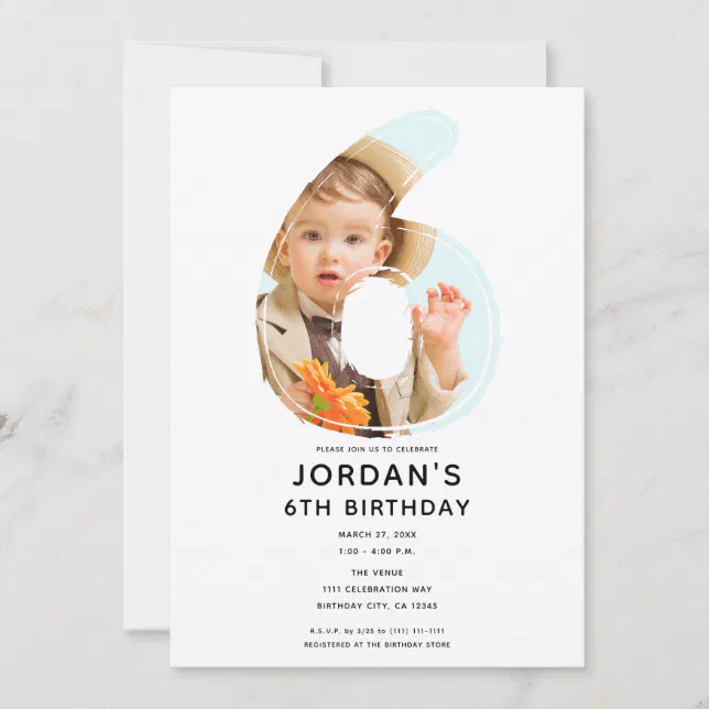 Big Number 6 SIX Photo Sixth 6th Birthday Party Invitation | Zazzle