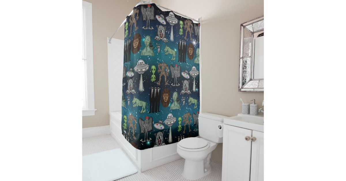 Bigfoot, UFOs, Aliens and other Cryptids Shower Curtain | Zazzle