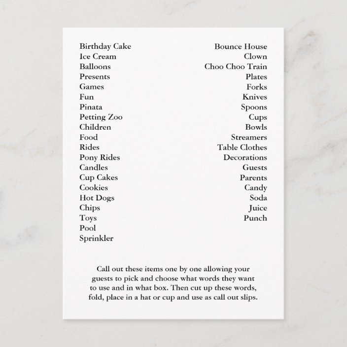 Bingo Card Birthday Party Call Out Words | Zazzle.co.uk