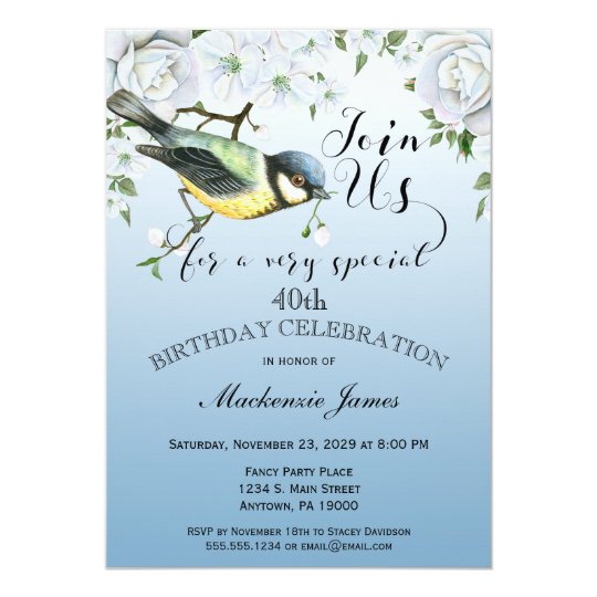 Bird Nature Birthday Party Invitation Blue Floral | Zazzle.co.uk