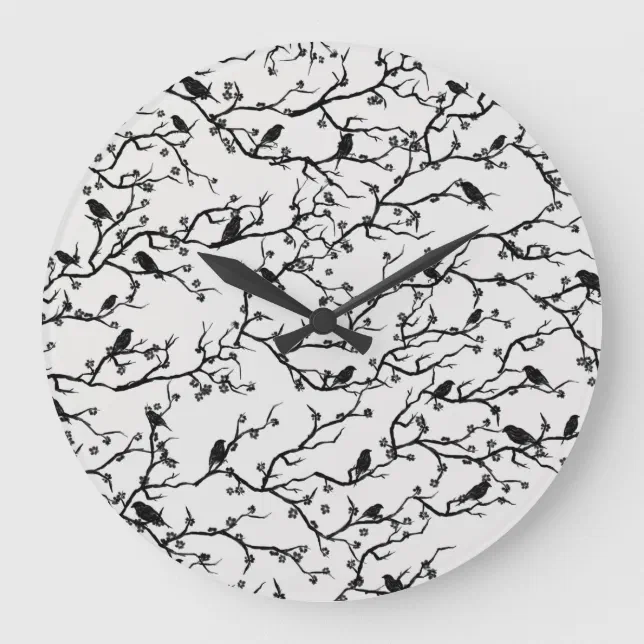 Birds and Sakura Branches Japanese Painting Large Clock | Zazzle