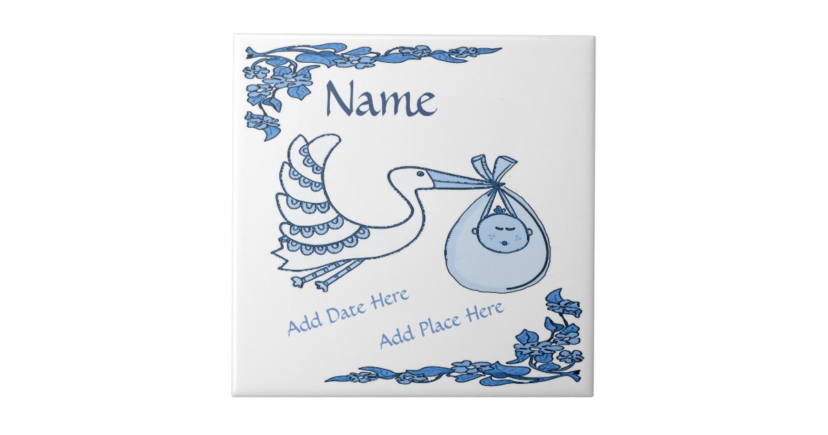 Birth Tile, Blue Dutch Look, Personalise Tile | Zazzle