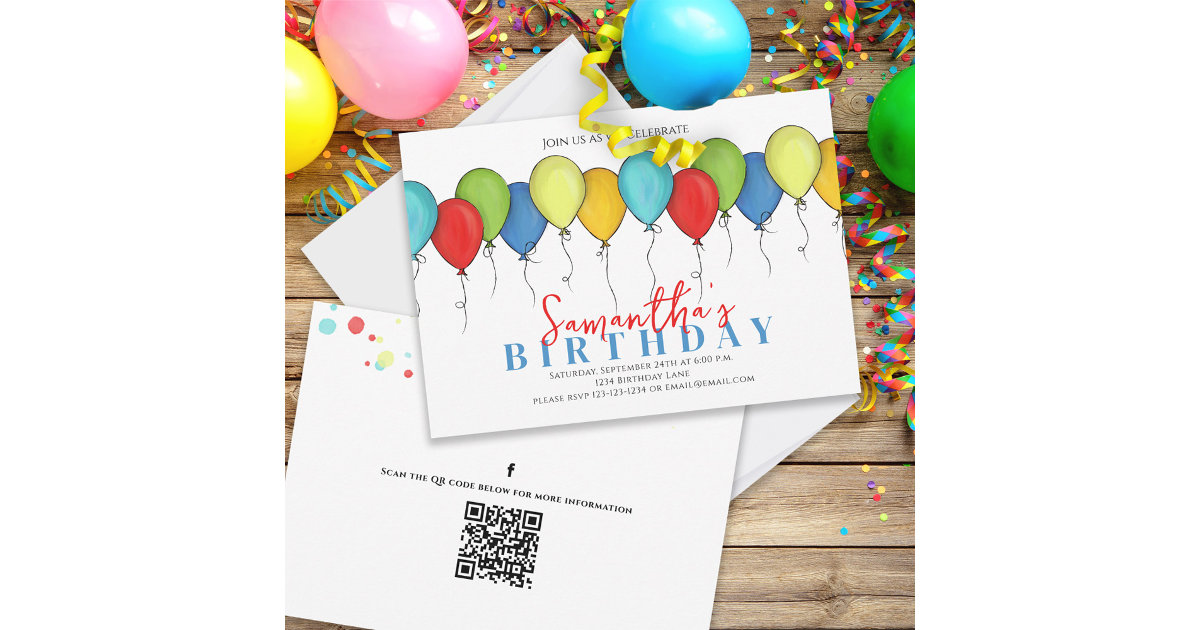 Birthday Balloons Confetti QR Code Social Media Invitation | Zazzle