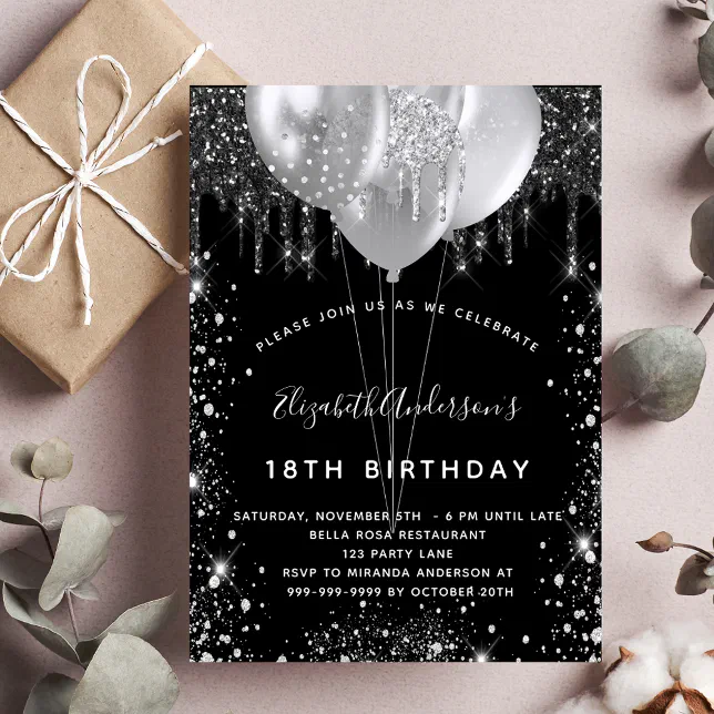 Birthday black silver glitter balloons invitation | Zazzle