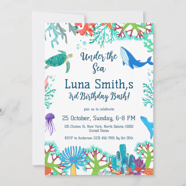 Birthday Girl Colourful Sea Animals Theme Party Invitation | Zazzle