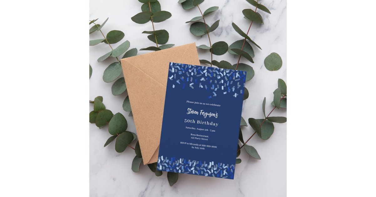 Birthday navy blue confetti invitation | Zazzle