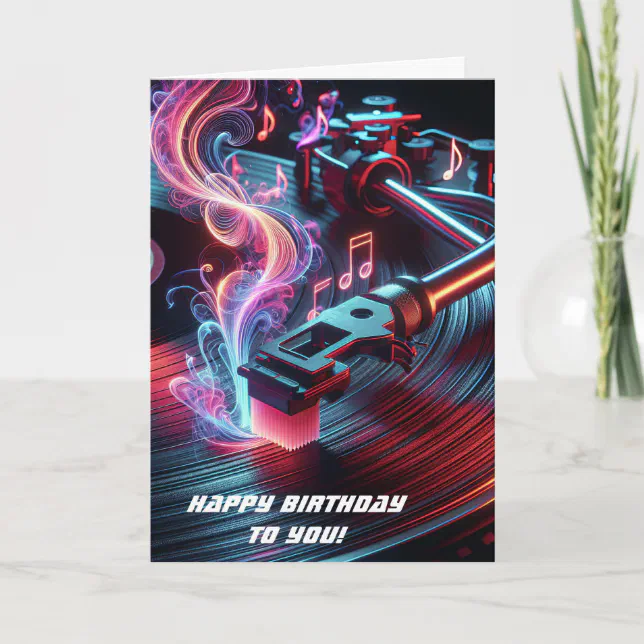 Birthday Neon Turntable With Vinyl Record Card | Zazzle