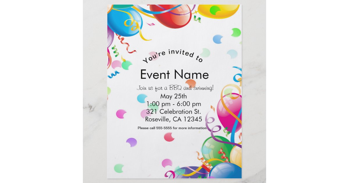 Birthday Party Balloons Confetti Event Flyer | Zazzle