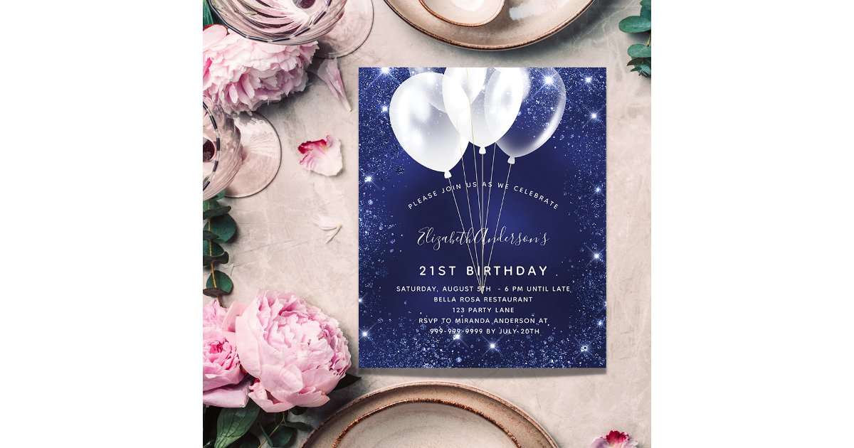 Birthday party navy blue balloon invitation | Zazzle