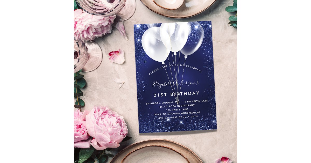 Birthday party navy blue white glitter balloons invitation | Zazzle