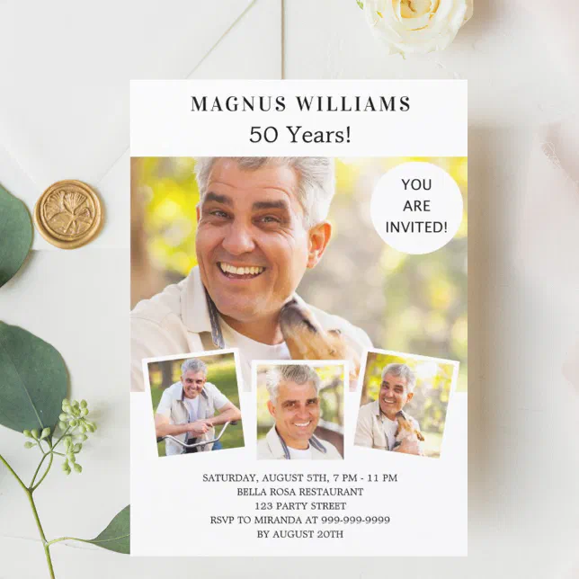 Birthday party photo collage white invitation | Zazzle