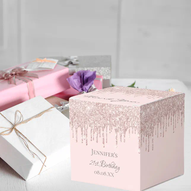Birthday party rose gold pink glitter drips favour box | Zazzle