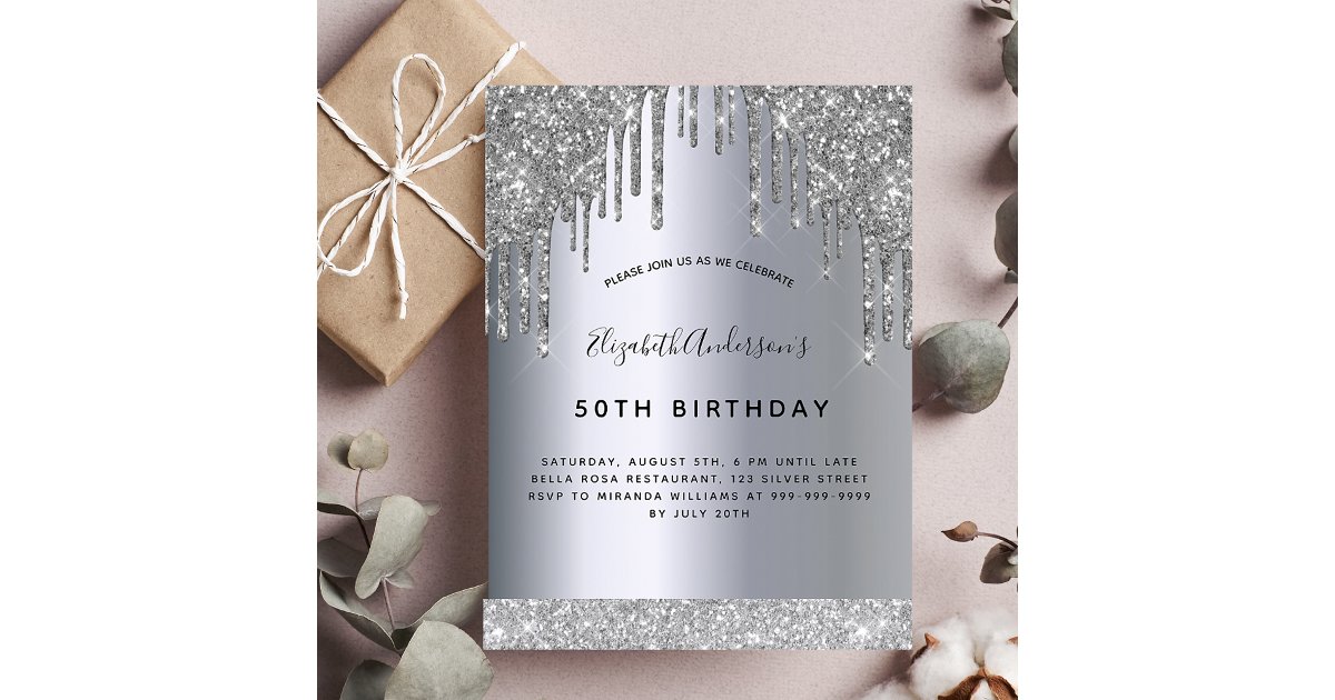 Birthday party silver glitter invitation postcard | Zazzle